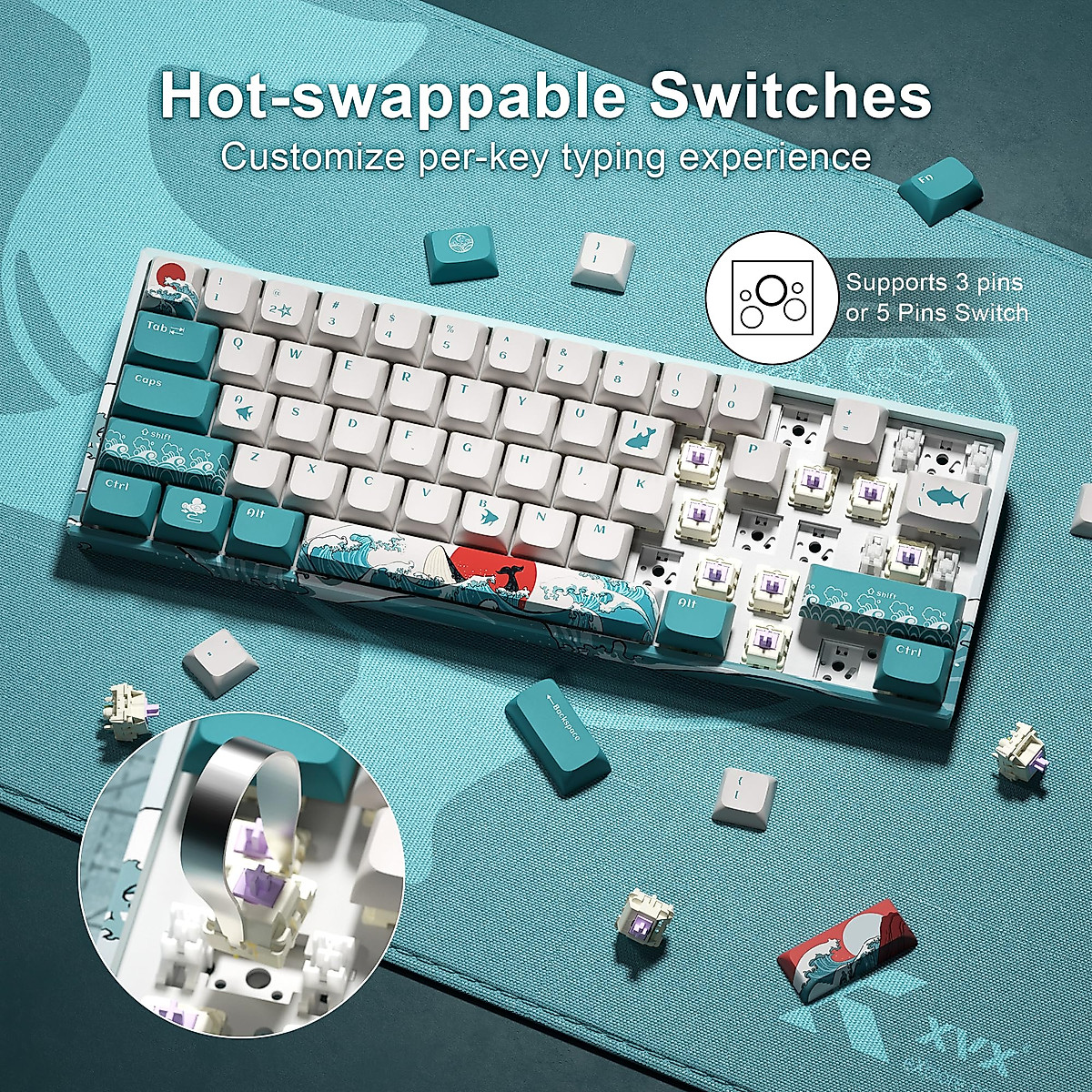 60 Percent Keyboard, XVX M61 Pro 3-Modes Wireless Mechanical Keyboard, Hot-Swappable Custom Gaming Keyboard, RGB Backlit Keyboard for Windows Mac PC Gamers(Coral Sea Theme, Pre-lubed Linear Switch)