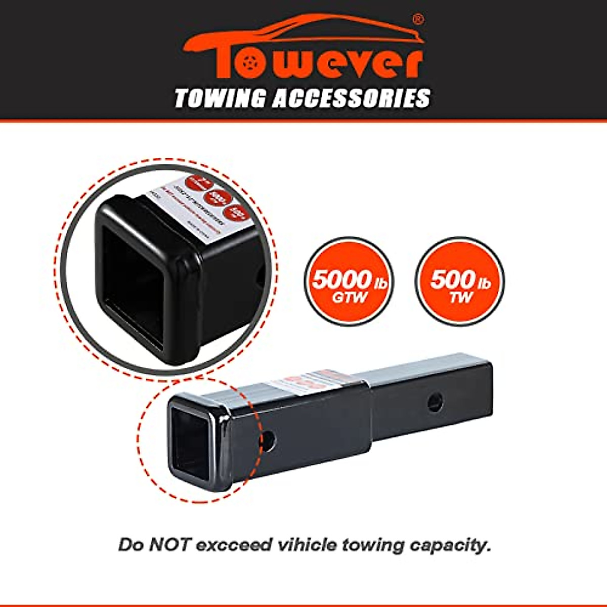 Towever 84332 Trailer Hitch Extender 2 Inch Receiver Tube Extension, 7 inches Length, 3500 lbs. GTW