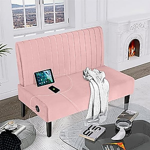 STHOUYN 43" W Mini Small Comfy Couch Armless Loveseat Sofa for Bedroom with USB Port, Velvet Pink Small Couches for Small Spaces Living Room, Apartment Office Dorm (Pink)