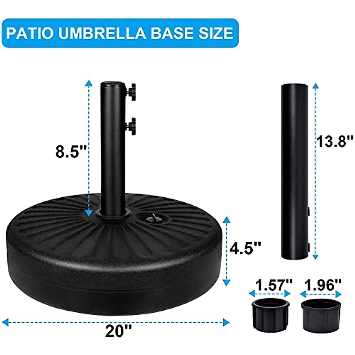 Simple Deluxe 20" Round Heavy Duty Patio Umbrella Base Stand with Steel Umbrella Holder, Water or Sand Fillable for Outdoor, Lawn, Garden, 50lbs Weight Capacity, Black