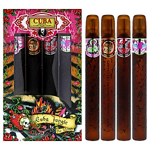 Cuba Original by Parfums Des Champs Jungle Collection 4-Piece Perfume Variety Gift Set - Includes Cuba Snake, Cuba Tiger, Cuba Zebra, and Cuba Heartbreaker - 1.17 Oz Perfume (EDP) Each