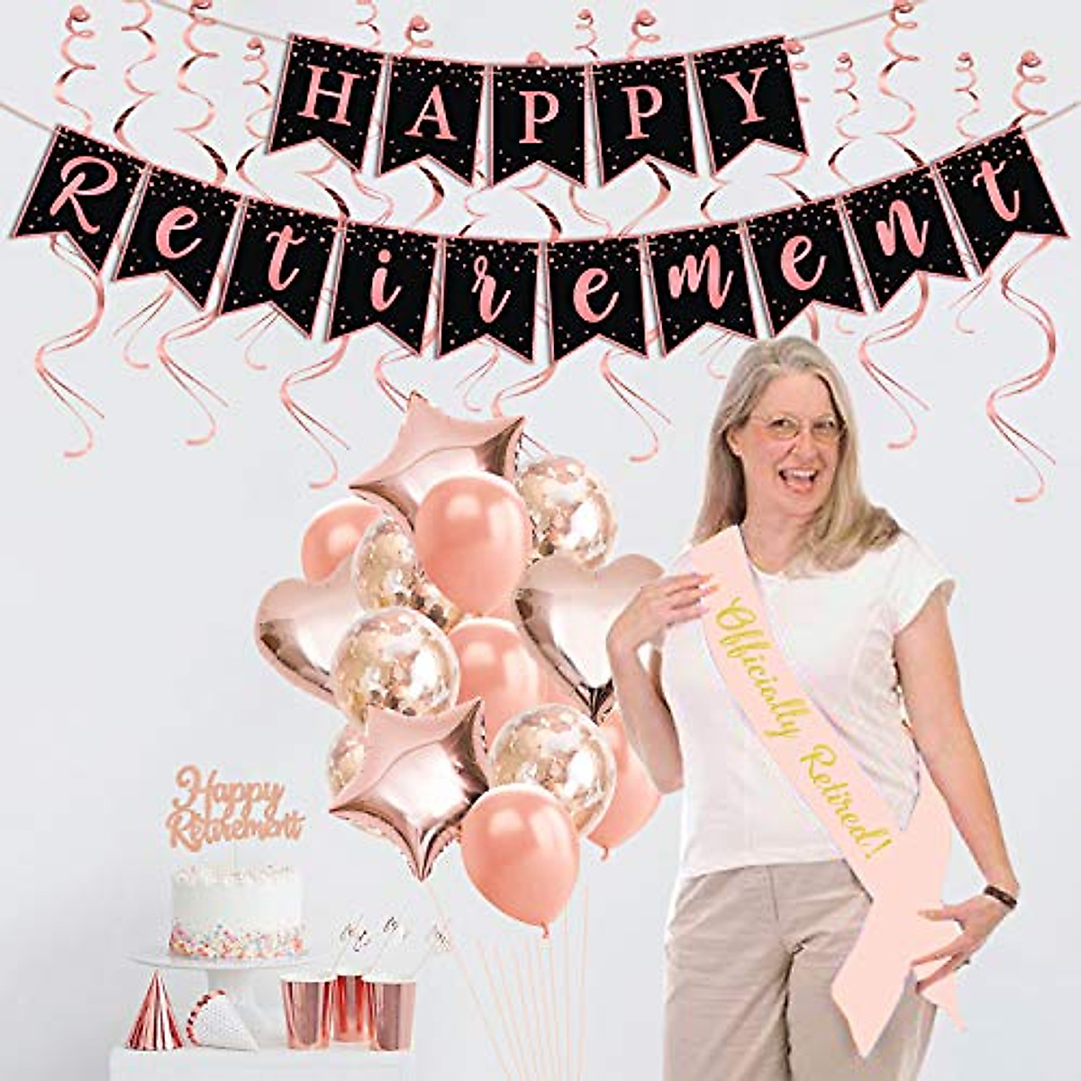 Retirement Party Decorations for Women Rose Gold Happy Retirement Banner Cake Topper Officially Retired Sash Rose Gold Confetti Balloons Foil Swirls Decorations Ideal for Women Retirement Party Supplies