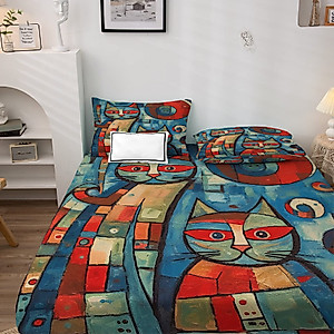 Cat Sheets Full Size, Oil Painting Bed Sheets, Patterned Bedding Sheets & Pillowcases 4 Piece Set - Soft Microfiber Deep Pocket Fitted Sheet & Flat Sheet & 2 Pillow Cases P3&-284