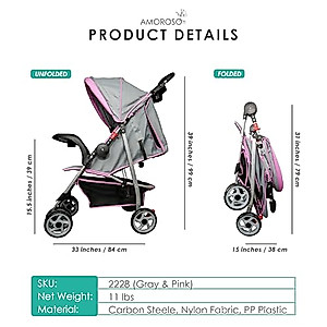 AmorosO Single Stroller - Baby Stroller with Four Wheels - Lightweight Stroller - Convertible Stroller with Extra Storage Space - Foldable Stroller with Sun Protection Hood Cover (Pink/Grey)