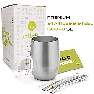 BALIBETOV 5 pcs large Yerba Mate Cup and Bombilla Kit, Includes one 12 oz Yerba Mate Gourd with Lid, Two Bombillas Mate Straw and one cleaning brush | Stainless steel | Double Walled