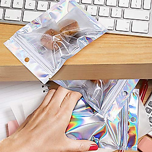 100 Counts Resealable Smell Water Proof Bags Foil Pouch Bag Flat Ziplock Bag with Clear Window for Party Favor Food Storage Gifts Bags Goodie Bag Holographic Color, 4 x 6 Inches