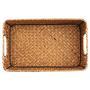 Housoutil 1pc Water Hyacinth Storage Baskets, Woven Basket with Carrying Handles, Decorative Rectangular Wicker Basket Storage Box for Nursery, Living Room, Bathroom 11.8x7.8x3.9in.