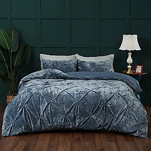CAROMIO Velvet Duvet Cover Queen Size - Luxury Pinch Pleated Duvet Cover Bedding Set Soft Pintuck Velvet Comforter Cover Set with Corner Ties and Button Closure, Blue, 90"x90"