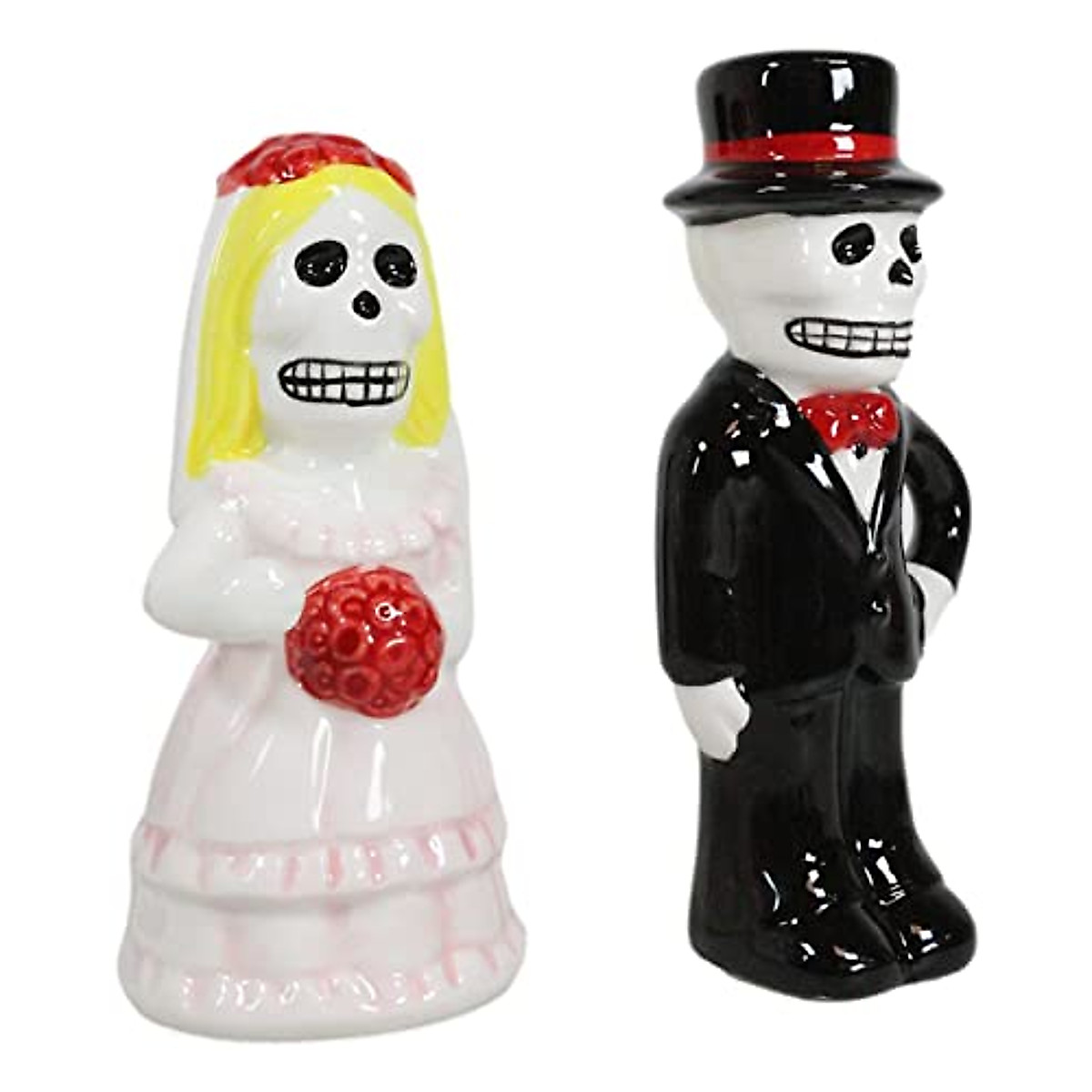 Ebros Gift Day Of The Dead Skeleton Couple Wedding Bride With Flowers And Groom Salt And Pepper Shakers Set Ceramic Magnetic Skulls Skeletons Kitchen Dining Bar Countertop Accessory Figurines