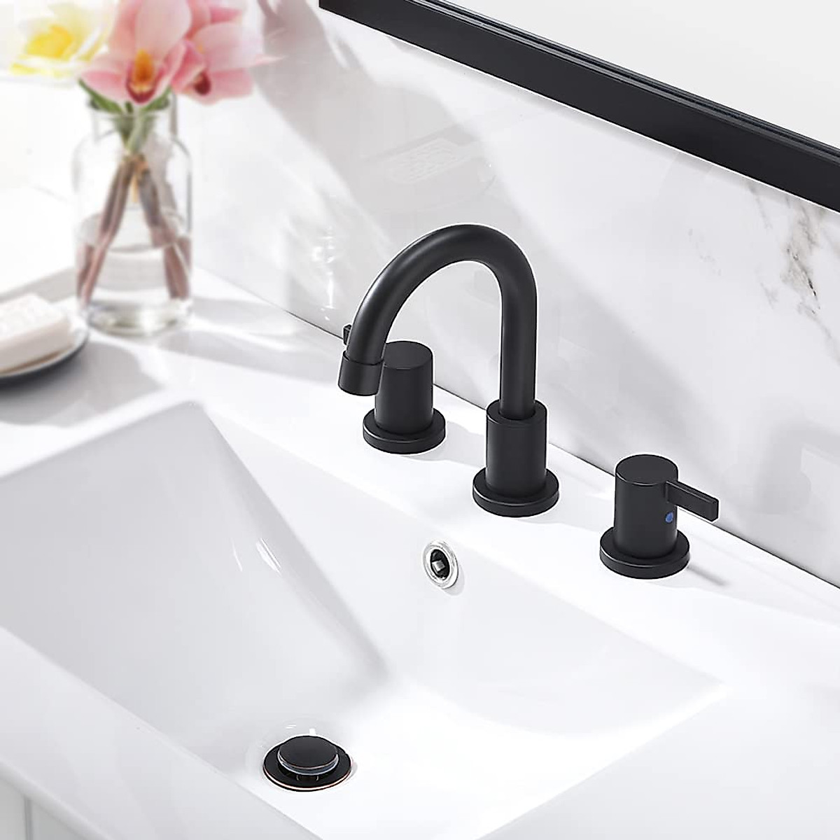 Phiestina 8 Inch 3-Hole Low-Arch 2-Handle Widespread Bathroom Faucet with Valve and Metal Pop-Up Drain Assembly,Matte Black, WF15-1-MB