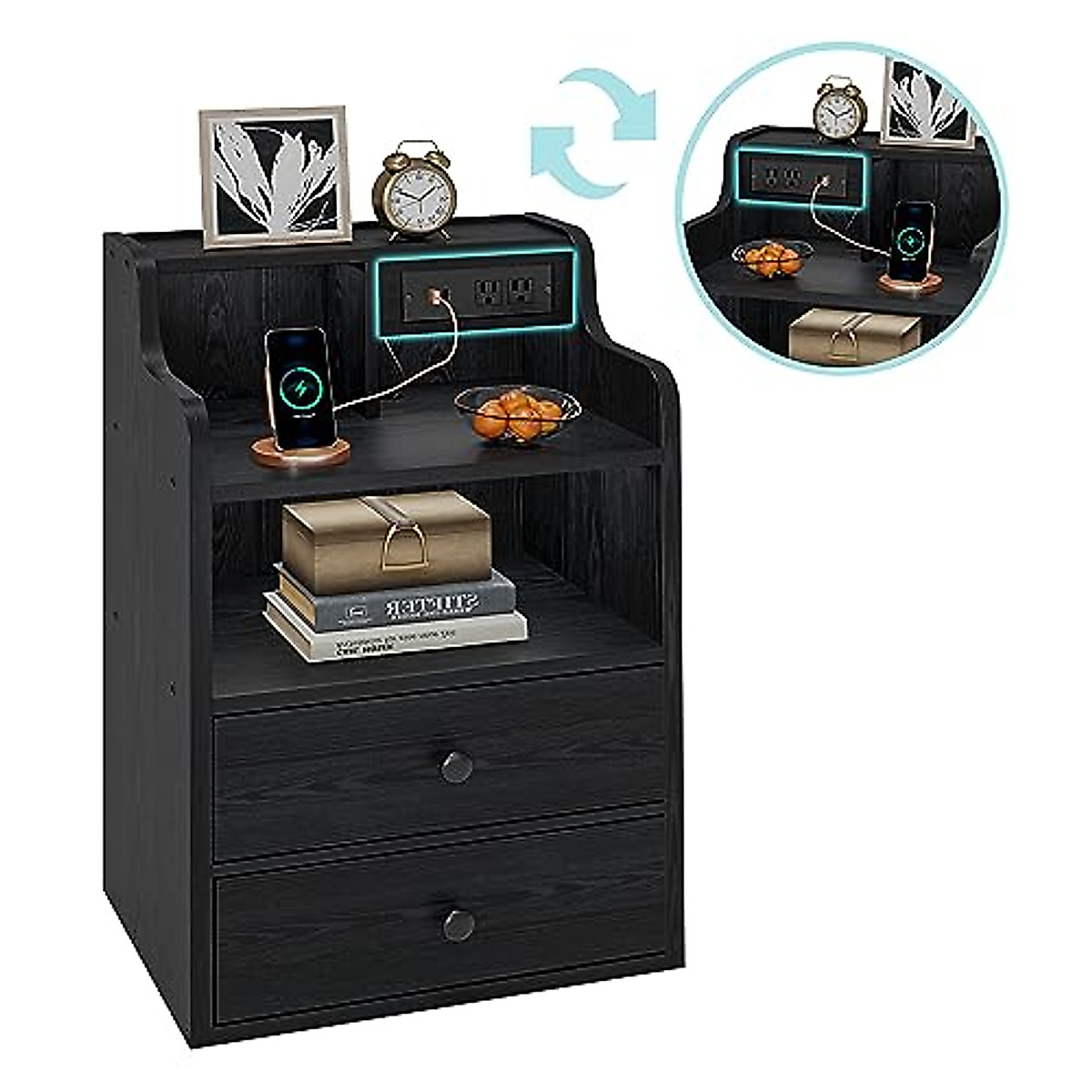 LIKIMIO Black Nightstand with LED Charging Station 2 Drawers and Storage Shelves, Left and Right Interchangeable Sockets Bed Side Table Night Stand with Drawer