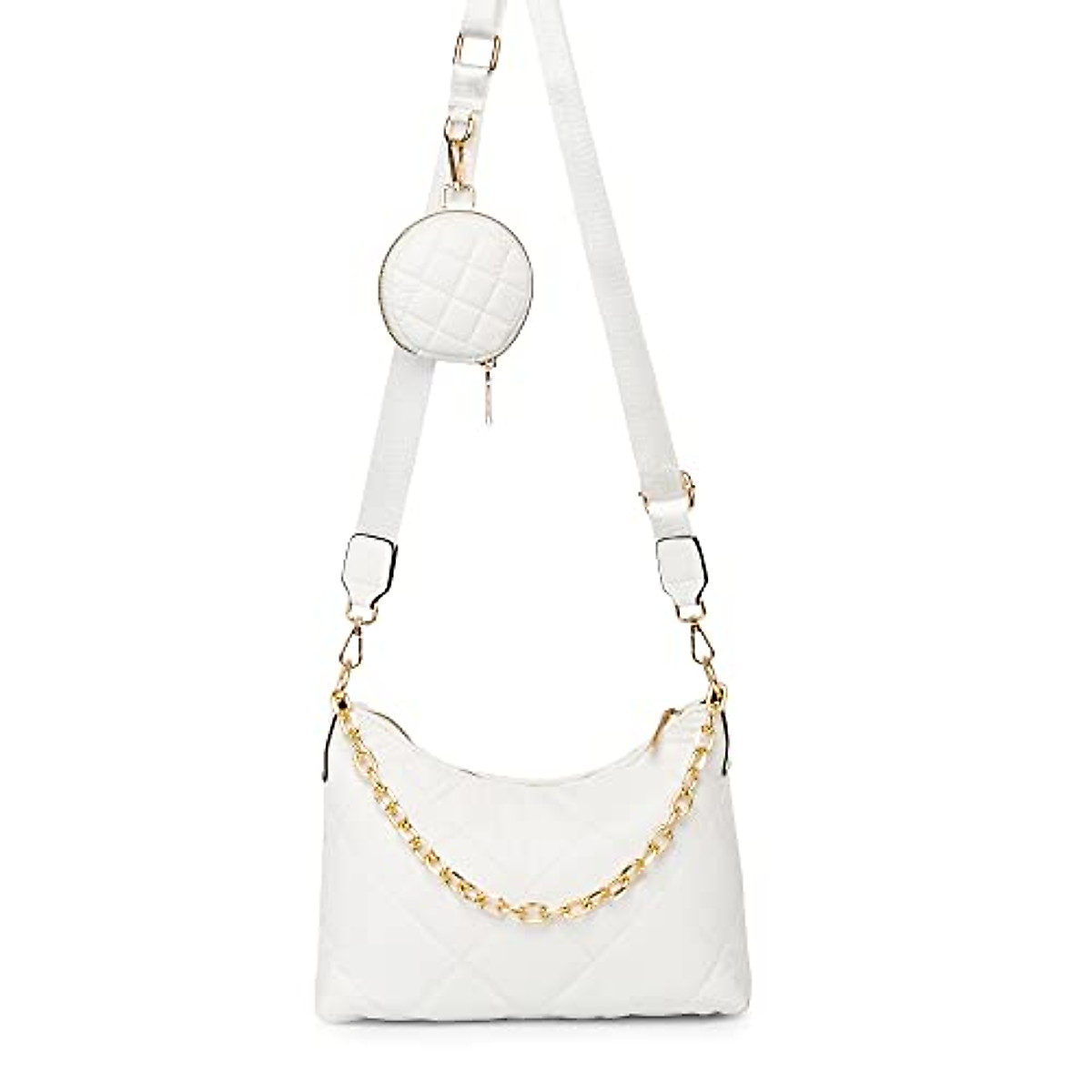 Herald Quilted Puffer Hobo Crossbody Bag for Women, Lightweight Shoulder Side Handbag with Chain Strap & Coin Purse Pouch (White)