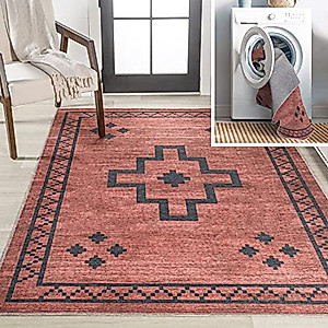 JONATHAN Y WSH118A-5 Korsa Geometric Medallion Machine-Washable Indoor Area -Rug, Bohemian Southwestern Rustic Easy -Cleaning,Bedroom,Kitchen,Living Room,Non Shedding, Brown/Navy, 5 X 8