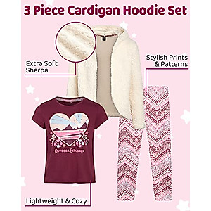 Instagirl Girls' Leggings Set - 3 Piece Sherpa Fleece Cardigan Hoodie Jacket, T-Shirt, and Leggings (Size: 7-12), Size 7/8, Berry Heart