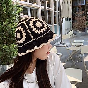 JiaTL WeyJia Knit Bucket Hat for Women Handmade Crochet Foldable Floppy Hat Fashion Cute Comfy and Casual (B-Black)