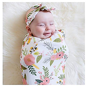 MarJunSep Newborn Baby Swaddle Blankets Headbands Beanie Hats Sets Including 3 Pack of Receiving Blanket & Headband & Beanie Hat Floral Pattern Swaddle Sack for Baby Shower Infant Gift (0-3 Months)