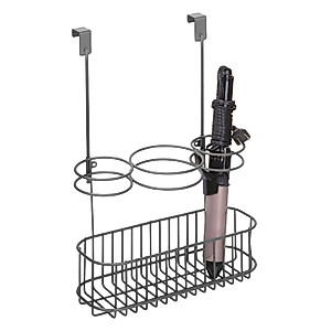 mDesign Steel Over Cabinet Door Hair Care/Hot Styling Tool Organizer Storage Basket for Hair Dryer, Flat Irons, Curling Wands, Straighteners, Space-Saving 3 Sections, Concerto Collection Graphite Gray