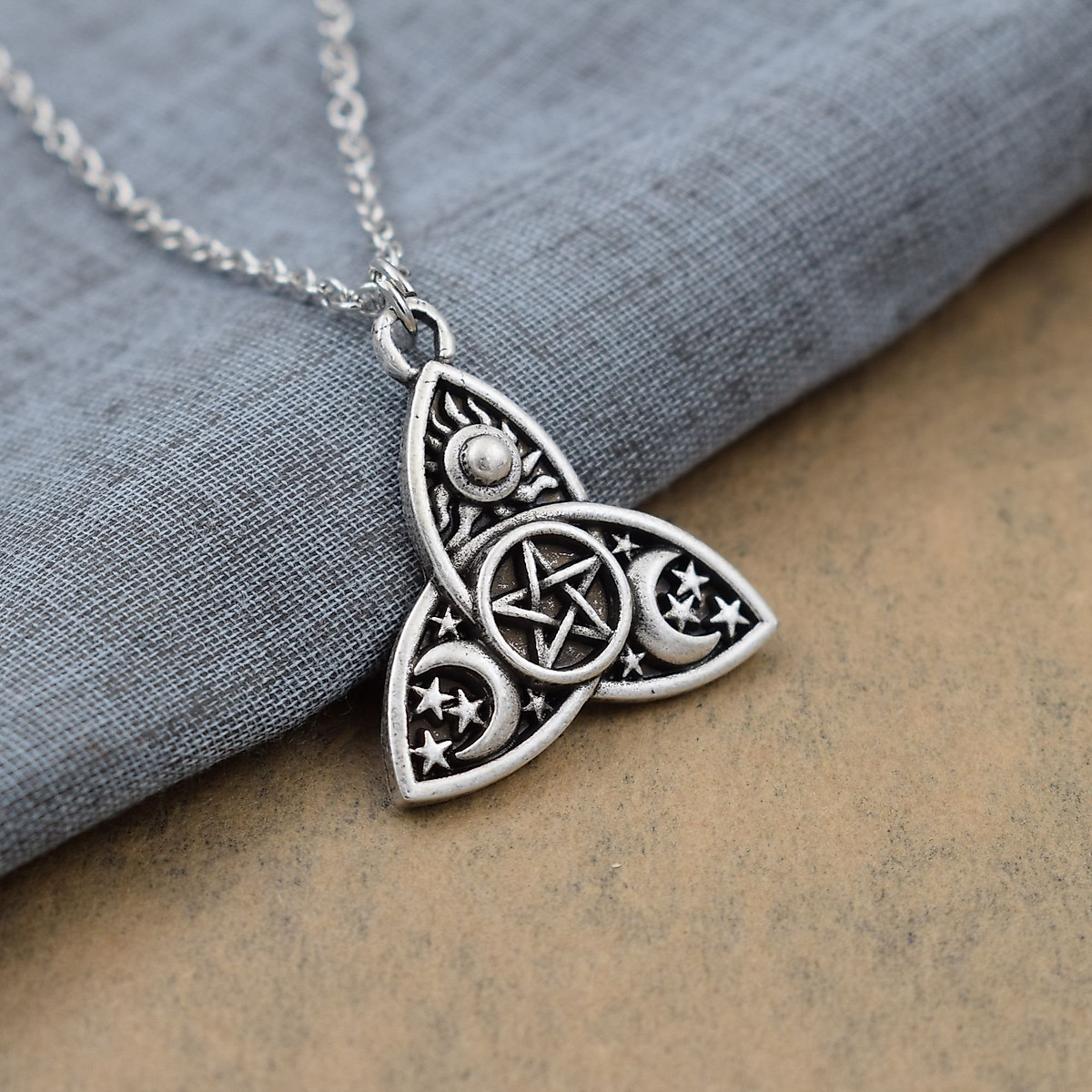 SanLan Triple Moon Goddess Triquetra Pentacle Necklace Pagan Wicca Pendant Necklace