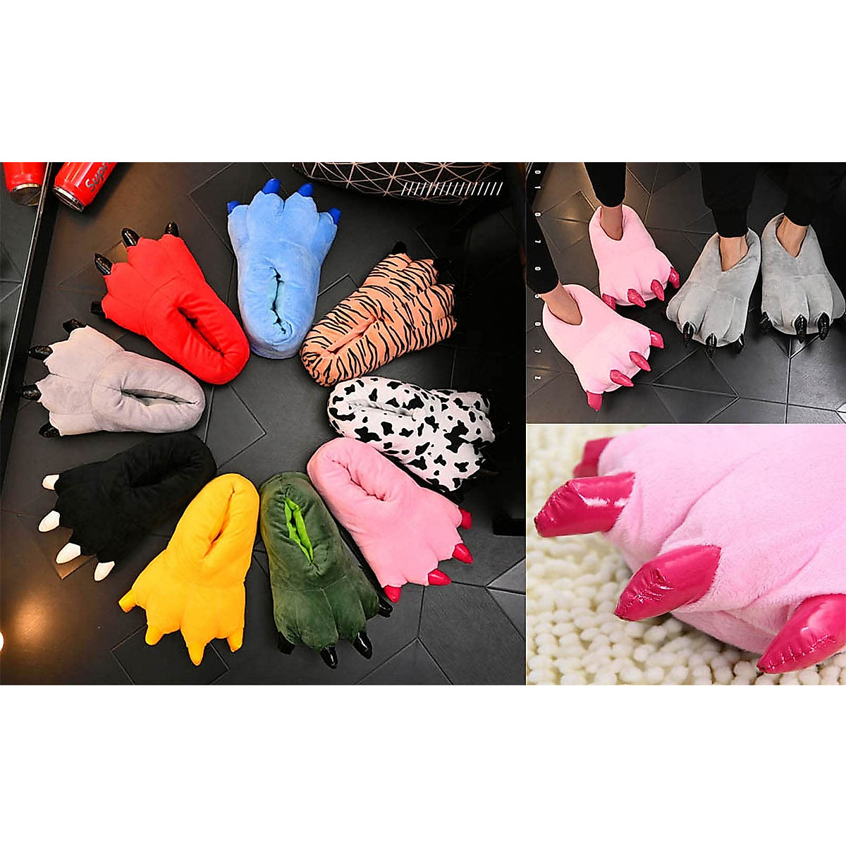 IXITON Unisex Funny Animal Paw slippers Shoes Furry Dinosaur bear Claw Slippers Cartoon plush slippers for men women girl boy kids elder,S,YELLOW
