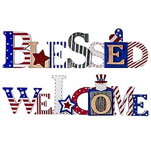 DECSPAS 4th of July Decorations, 2 PCS Large Size BLESSED WELCOME Sign 4th of July Patriotic Decor for Living Room, Mantle, Dining Table, Stars and Stripes Ornaments Memorial Day Independence Day Fourth of July Memorial Day Decorations for the Home