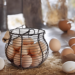 Metal Wire Egg Baskets for Collect Fresh Egg Baskets Countertop Holder, LINCOUNTRY Rustic Round Small Chicken Basket Gathering Fresh Egg With Handle,Country Primitive Farmhouse Vintage Storage Kid