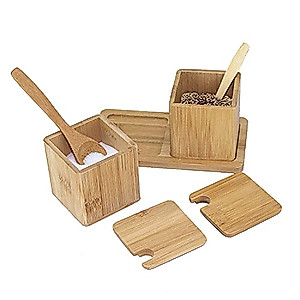 Bamboo Salt and Spice Container Set with Lid, Tray and Spoon, Square Seasoning Storage Box with Dipper, Salt Holder Pepper Container Condiment Canister for Kitchen | Salt Pepper Container