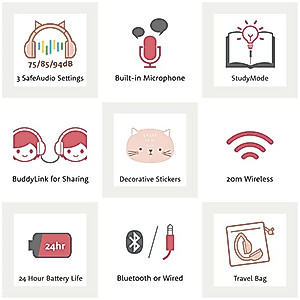 ONANOFF BuddyPhones PlayEars+, On-Ear Bluetooth Kids Headphones with Cat Ears, Volume-Limiting with Microphone, Works Wired or Wireless, 24-Hours Battery Life, for iPhone, iPad, Tablet and More