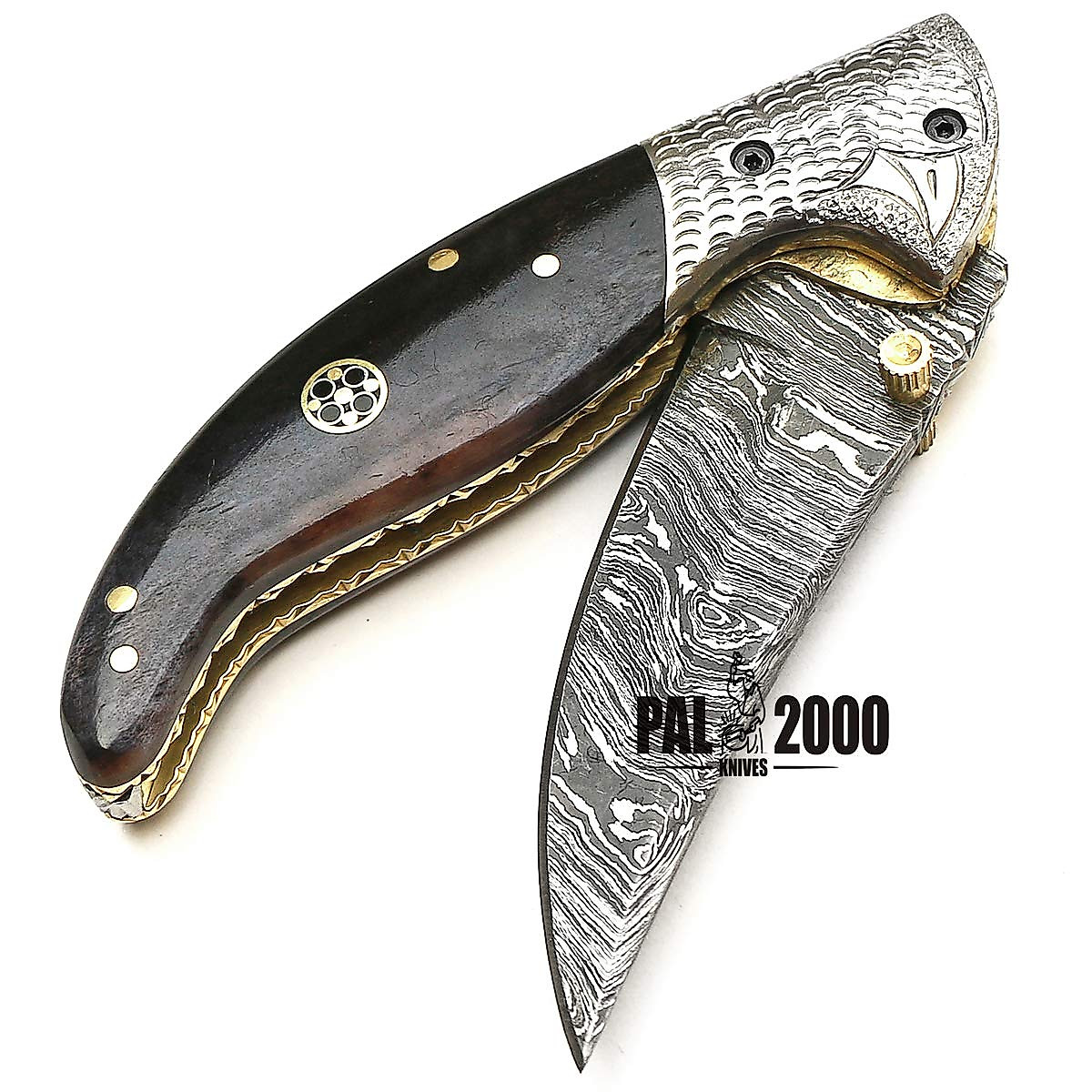 PAL 2000 HUNTING KNIVES FOL-9111 Handmade Damascus Steel Pocket Knife Stained Bone Handle With Sheath