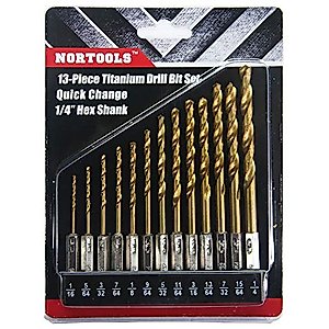 NORTOOLS Hex Shank Drill Bit Set 13 PCS High Speed Steel Titanium Coated Twist Drill Bits 1/4 Inch Quick Change Hex Driver Set for Wood Plastic Aluminum Alloy (1/16" - 1/4")