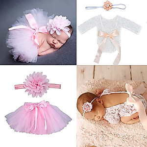 SPOKKI 4 PCS Newborn Photography Props Outfits-BabyTutu Skirt Cute Bow Headdress and Lace Rompers Sets for Infants Girl Boy