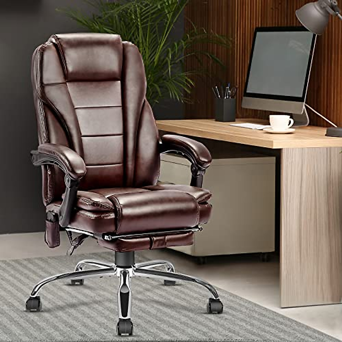 NOBLEMOOD Ergonomic Heated Massage Office Chair Tall and Big Computer Desk Chair Swivel Executive Chairs with Footrest and Lumbar Pillow (Brown)