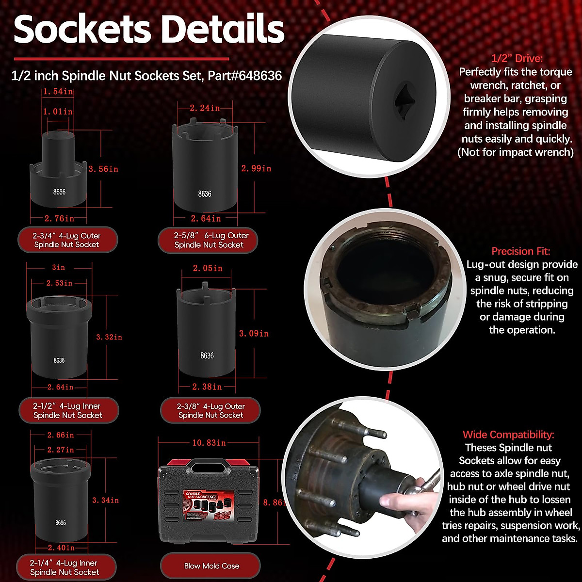 Spindle Nut Socket Tool Kit 5 Pcs Axle Hub Lock Nut Socket Set 1/2” Drive Wheel Drive Spindle Nut Remover Installer for Ford Dana 50/60, Chevy, and Dodge, Replace# 648636 Lug Out Spindle Socket Set
