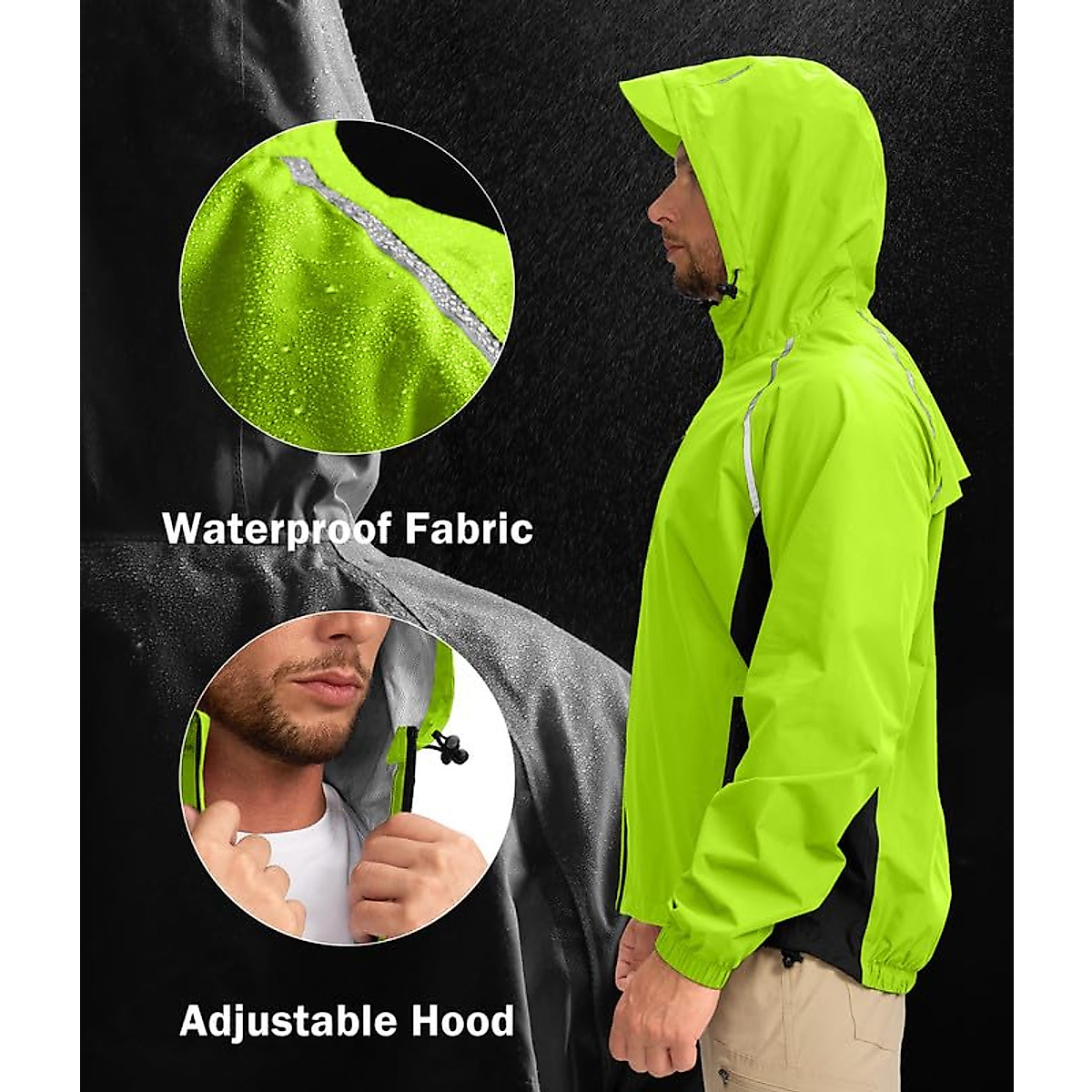 Men's Cycling Rain Jackets Waterproof Running Windbreaker Hooded Reflective Bike Hiking Biking Windproof Bicycle Riding(Fluorescent Yellow/Black,4XL)