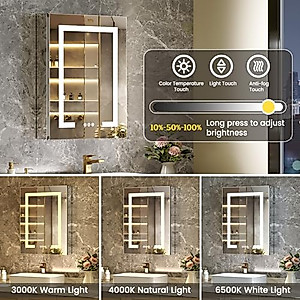 ROOMTEC LED Lighted Medicine Cabinet with Mirror 20"*26",Bathroom Mirror Cabinet with Lights, Outlet and USB, Recessed or Wall Mounted, Adjustable Shelf, 3-Color, Dimmer, Anti-Fog