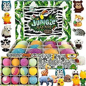 Bath Bombs for Kids with Toys Inside - Set of 12 Organic Bubble Bath Fizzies with Jungle Animal Toys. Gentle and Kids Safe Spa Bath Fizz Balls Kit. Birthday, Valentines Gift for Boys, Girls