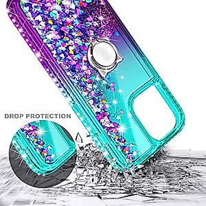 NGB Supremacy Compatible with iPhone 13 Mini Case with Tempered Glass Screen Protector/Ring Holder/Wrist Strap, Girls Women Liquid Bling Sparkle Floating Glitter Cute Phone Case (Aqua/Purple)