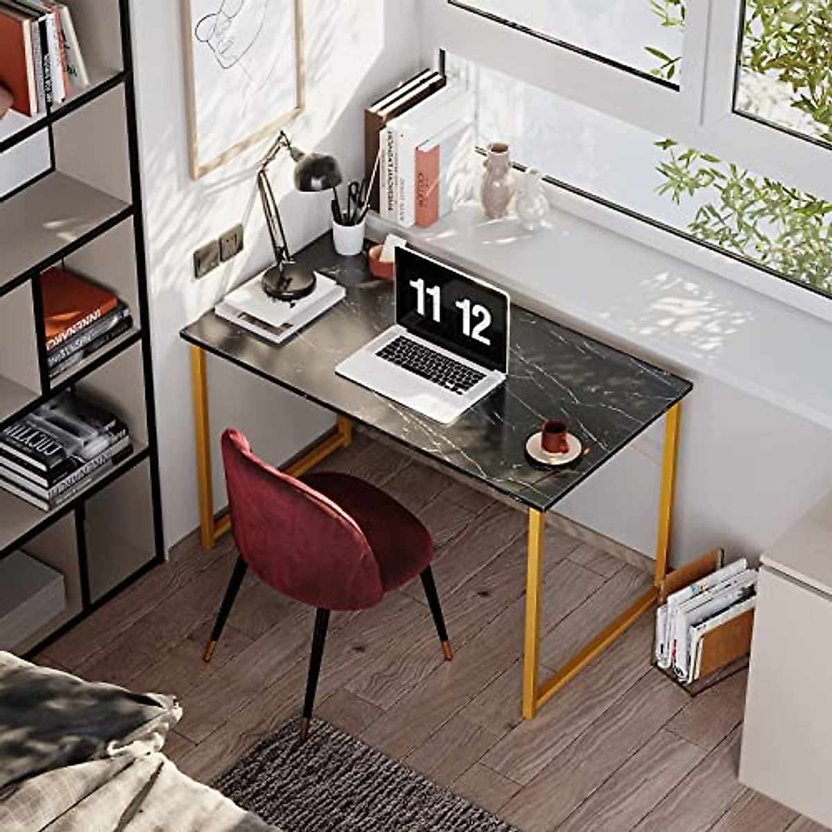 Coleshome 31 Inch Computer Desk, Modern Simple Style Desk for Home Office, Study Student Writing Desk,Black Marble + Gold Leg