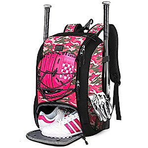 MATEIN Girls Softball Bag, Baseball Bag with Cleats Pocket for Girls, Boys, Adult, Large Baseball Backpack for Men with Fence Hook- Hold 2 Bats, Batting Mitten, Helmet, Caps, Teeball Gear, Pink Camo
