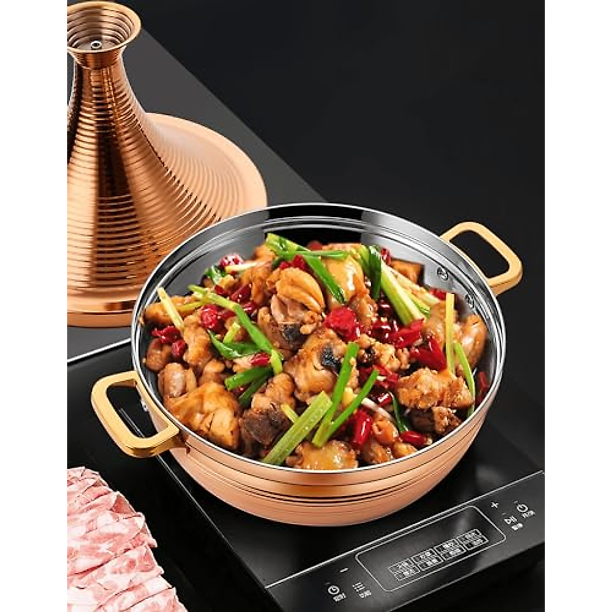304 stainless steel Moroccan Tajine pot, non-stick Tajine pot stainless steel tower stew dry pot non-stick slow cooker seafood high cover pot induction cooker Moroccan Tajine pot C (