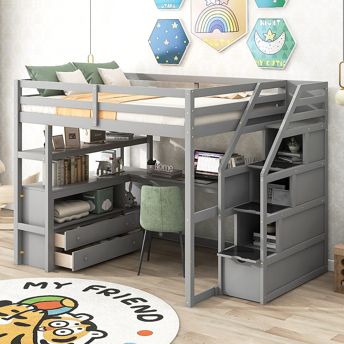 Harper & Bright Designs Gray Full Loft Bed with Staircase and Desk, Wooden Full Size Loft Bed with Storage Shelves & 2 Drawers, Full Loft Bed Frame with Step for Kids Boys Girls Teens