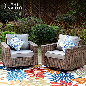 PHI VILLA Outdoor Swivel Rattan Sofa Set of 2, Patio Wicker Sofa Rocking Outdoor Club Chairs with Beige Cushions for Porch Deck Courtyard, Olive Brown