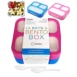 Bento Box for Kids, Toddler Lunch-Box for Small Boys Girls in School, Pre-School or Daycare, Leakproof 3 Compartment Containers for Portion Control Snacks for Adults, BPA Free. Medium Blue Pink 2 pack
