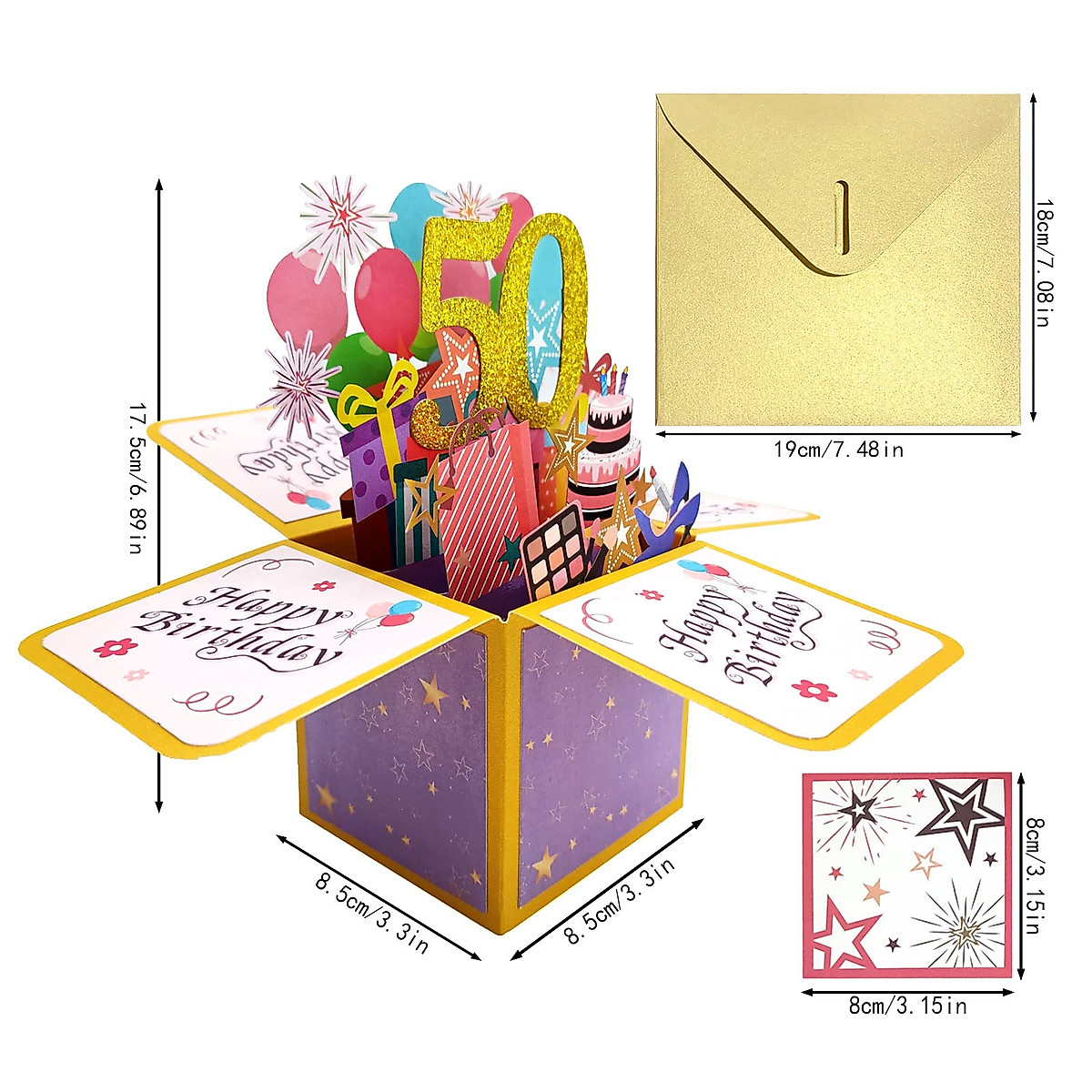 Happy 50th Birthday Cards 50th Birthday Greeting Card 50th Gift Card Birthday Pop Up Cards with Note Card and Envelope 50th Birthday Gifts for Women, Wife, Mother Gifts Box 3D Popup Birthday Cards