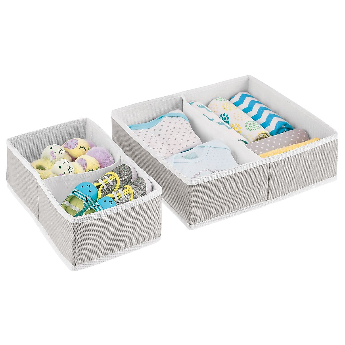 mDesign Fabric Drawer Organizer Bins, Kids/Baby Nursery Dresser, Closet, Shelf, Playroom Organization, Hold Clothes, Toys, Diapers, Blankets, Jane Collection, Set of 2, 4 Pack, Light Gray/White