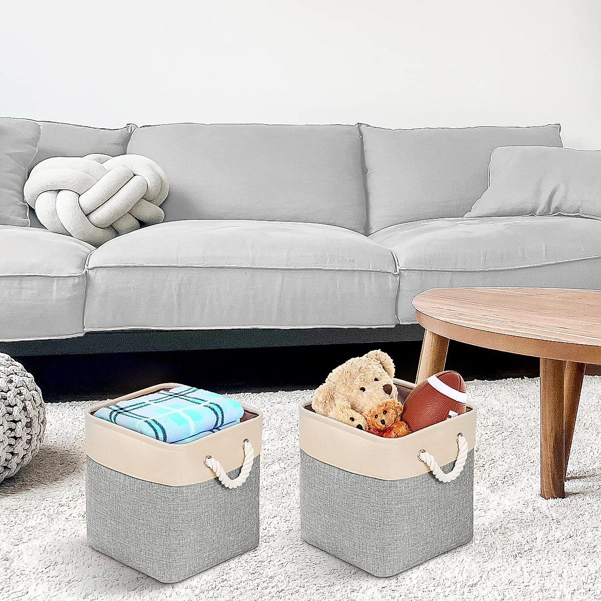 Univivi 10.5x10.5x11 Inch Fabric Storage Cube Baskets 6 Pack Storage Bins with Hard Bottom|Handles for Shelf,Closet Baskets for Cube Organizer (Beige & Grey)