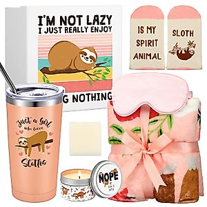 Ziliny 7 Pcs Sending Sunshine Gift Basket for Women Care Package Birthday Gift Box Sympathy Gift Baskets Thank You Gift Box with Inspirational Candle Blanket for Women Mom Sister Gift (Sloth)