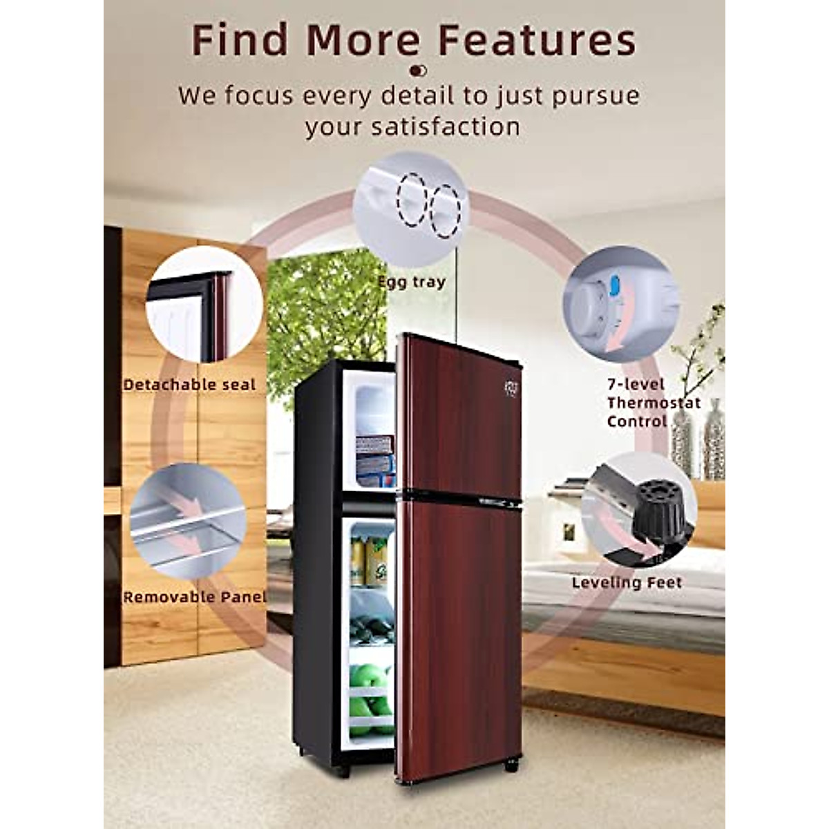 KRIB BLING Compact Refrigerators with Freezer on Top, Mini Fridge with 7- Level Adjustable Thermostat, Small Refrigerator for Apartment, Office, Camping, Wood