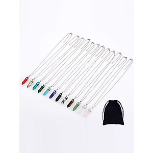 EBOOT womens 12 Pieces Hexagonal Chakra Crystal Bullet Shape Gemstone Pendant Necklaces Pointed Quartz Stone Chain Necklaces Artificial Stone with Storage Bag (Soft Color Set)