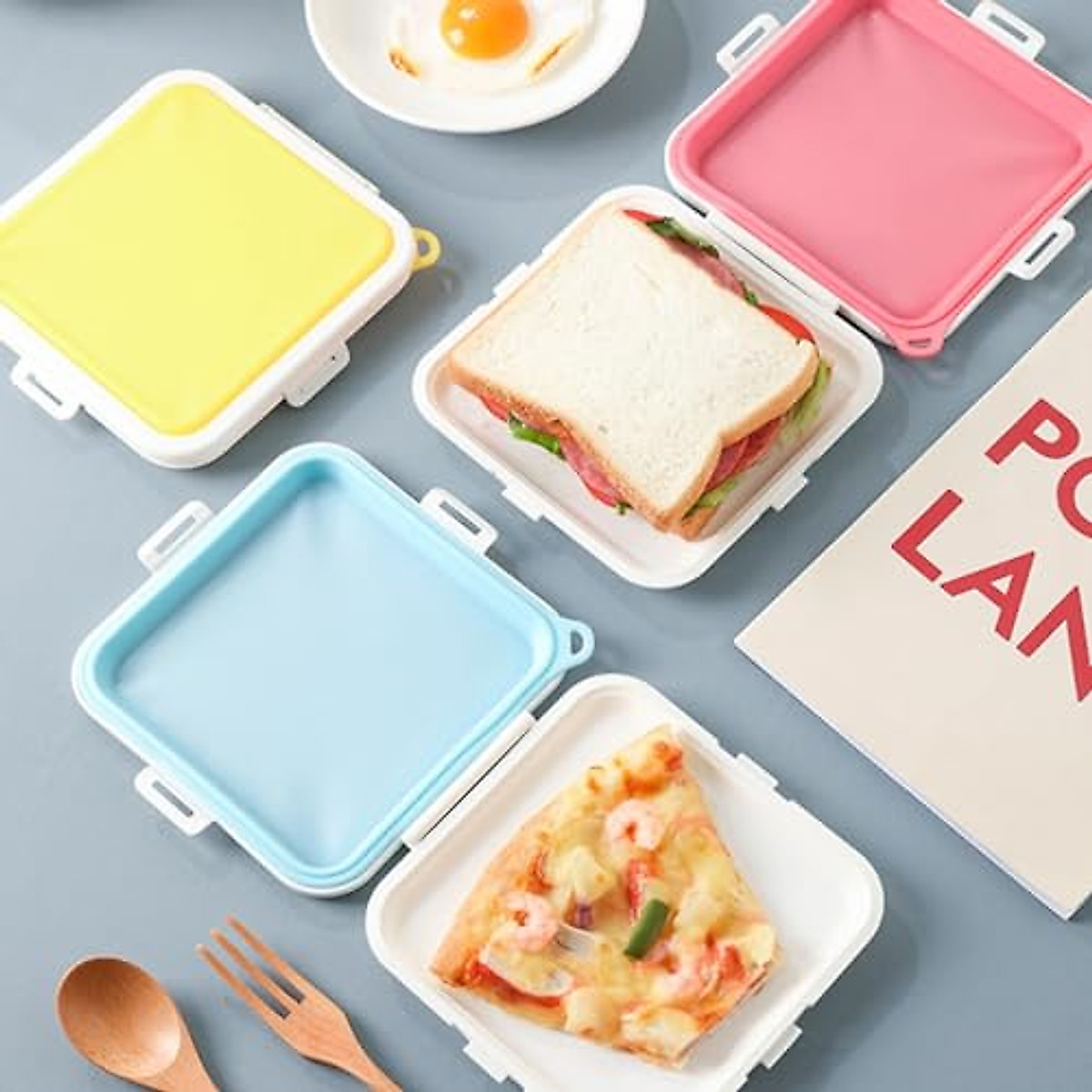 IZKOOKE Sandwich Containers Reusable, Silicone Sandwich Storage with Snap-Off, Sandwich Box for Lunch, BPA Free, Leakproof, Plastic Food Holder (2 Pink)