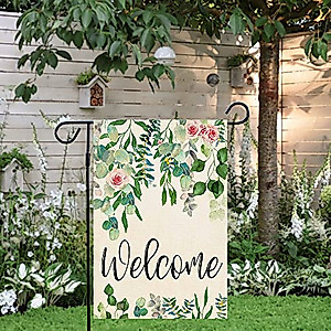 ORTIGIA Welcome Spring Floral Garden Flag Vertical Double Sided 12x18inch Wedding Birthday Flowers Yard Flag for Outside Farmhouse Holiday Green Leaves Anniversary Wedding Yard Lawn Outdoor Decoration
